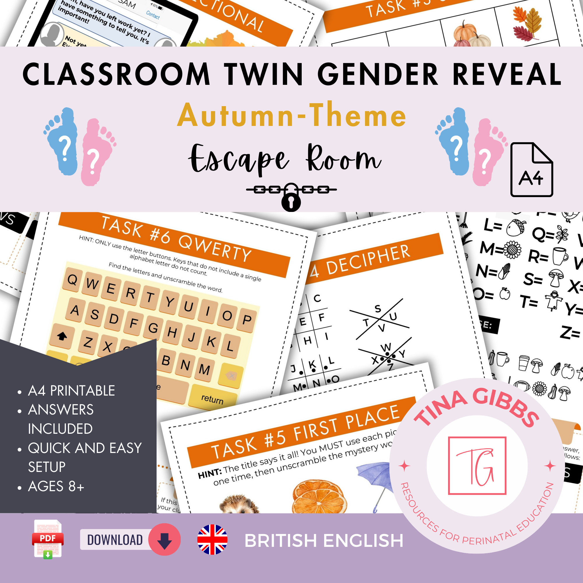 Autumn Classroom TWIN Gender Reveal - 6 puzzles - printable escape room ...