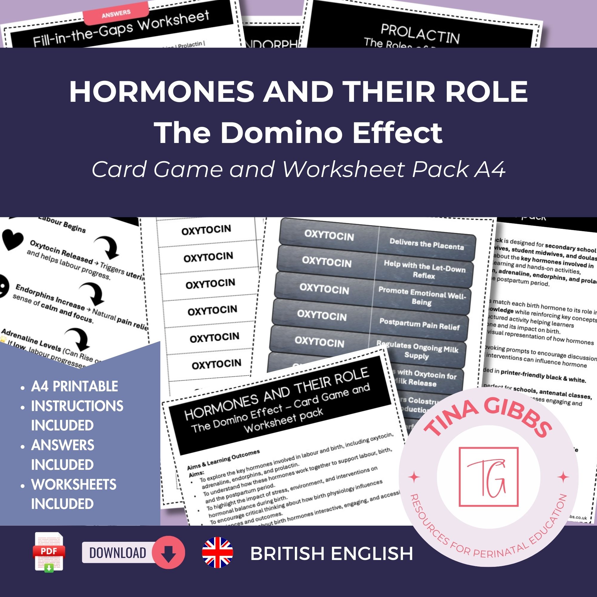 Childbirth Hormones Domino Game & Worksheet pack (pdf) - Tina Gibbs